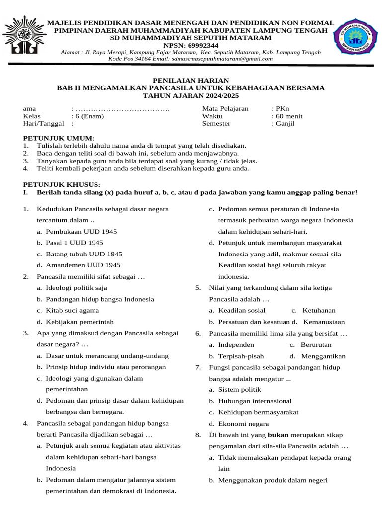 Soal UH PKn Bab 2 kelas 6 2024-2025 | PDF