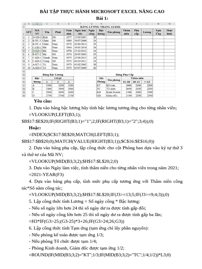 HƯỚNG DẪN - BÀI TẬP THỰC HÀNH MICROSOFT EXCEL NÂNG CAO | PDF