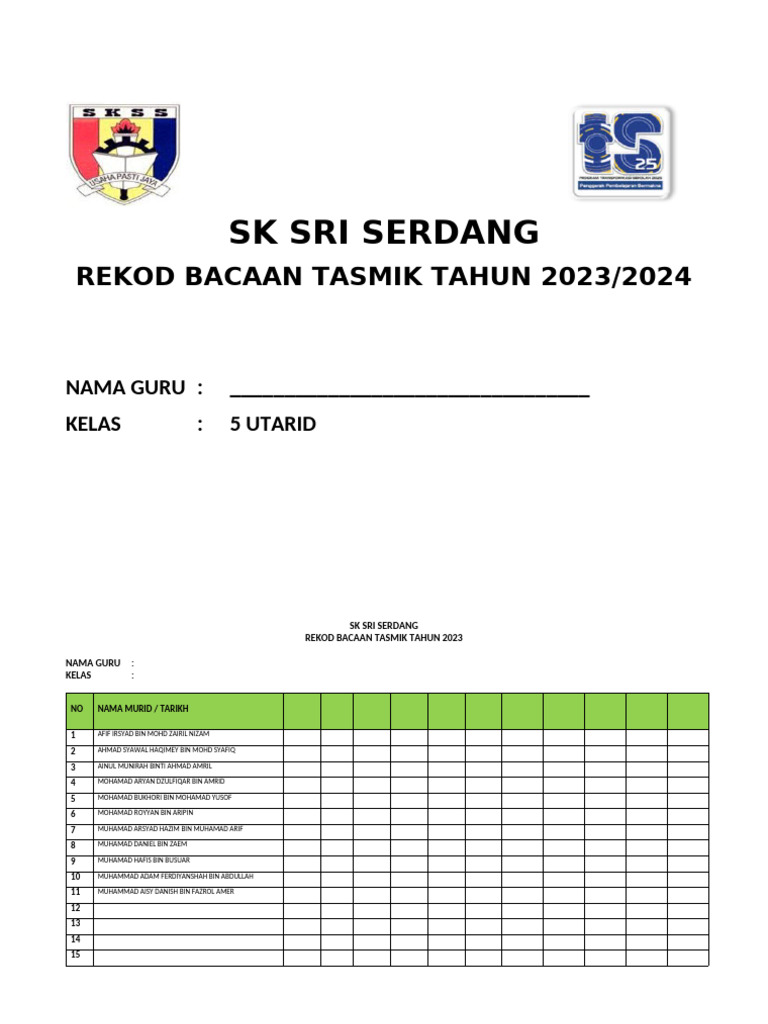 Rekod Bacaan Tasmiq SK Sri Serdang 2023 | PDF