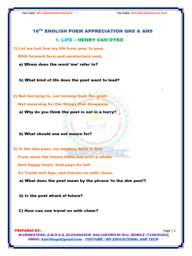 10TH English All Poem Appreciation Questions and Answers | PDF