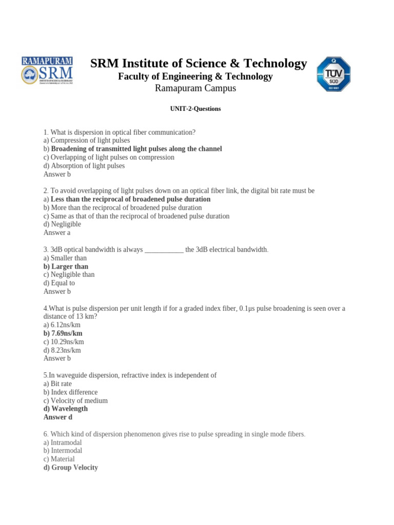 FIBER OPTICS Unit-2 Question Bank | PDF | Dispersion (Optics) | Optical ...