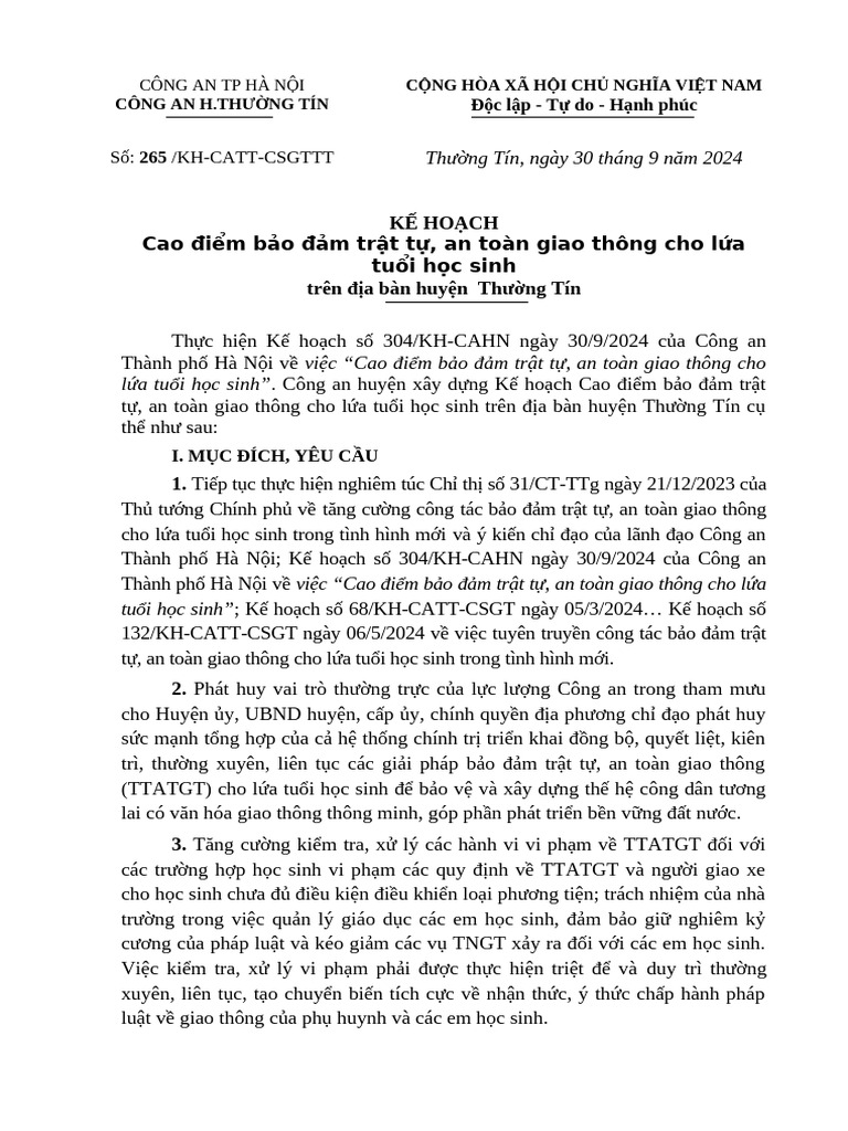 Kh Công an Huyện Cao Điểm Học Sinh 2024 | PDF