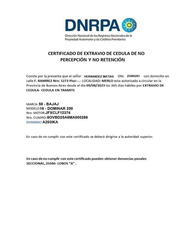 CERTIFICADO EXTRAVIO-Dominar_122218 | PDF