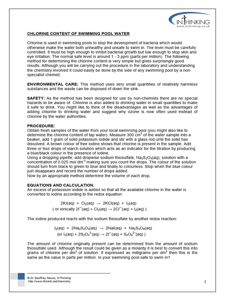 Chlorine Content of Swimming Pool Water | PDF | Chlorine | Iodine