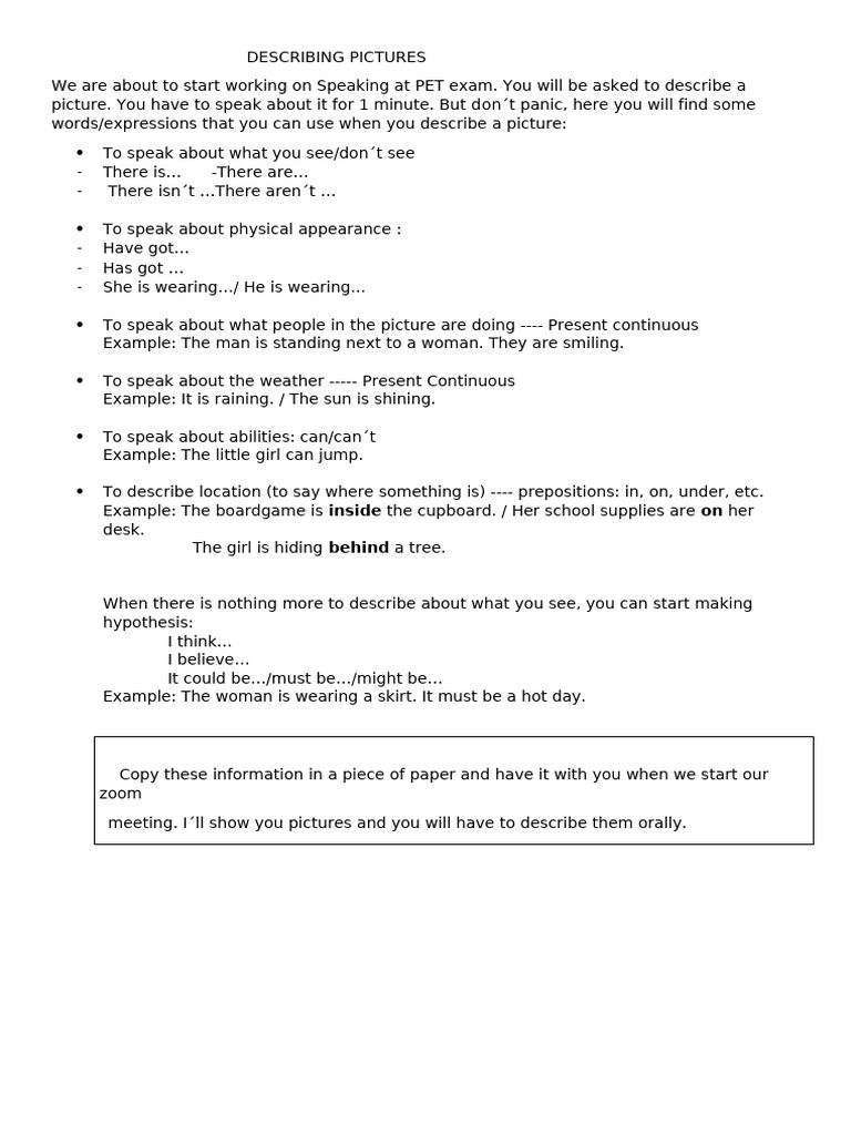 PET Exam Picture Description Guide | PDF