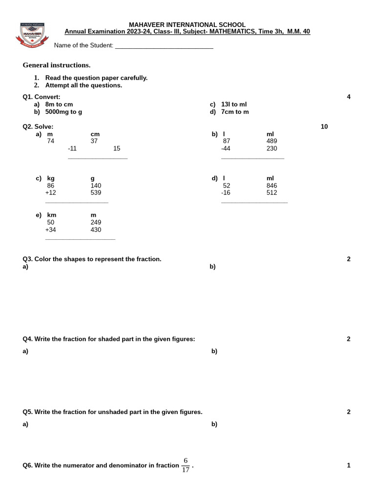 CLASS 3 FINAL MATHS | PDF | Mathematics