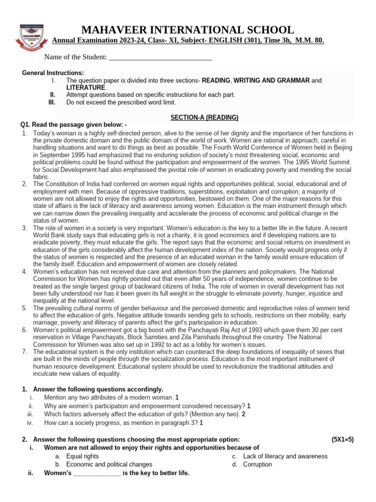 Annual XI QP | PDF | Gender Role | Social Inequality