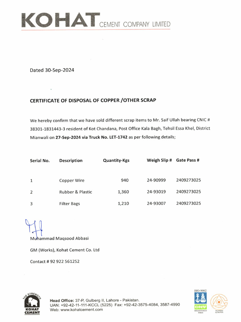 Letter Kohat Cement | PDF
