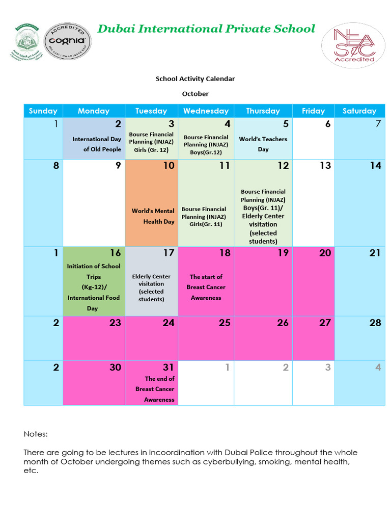 School Activity Calendar October | PDF