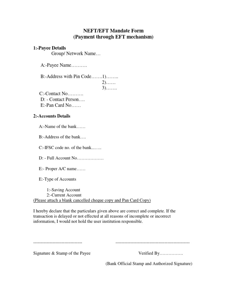 NEFT/EFT Mandate Form Guide | PDF