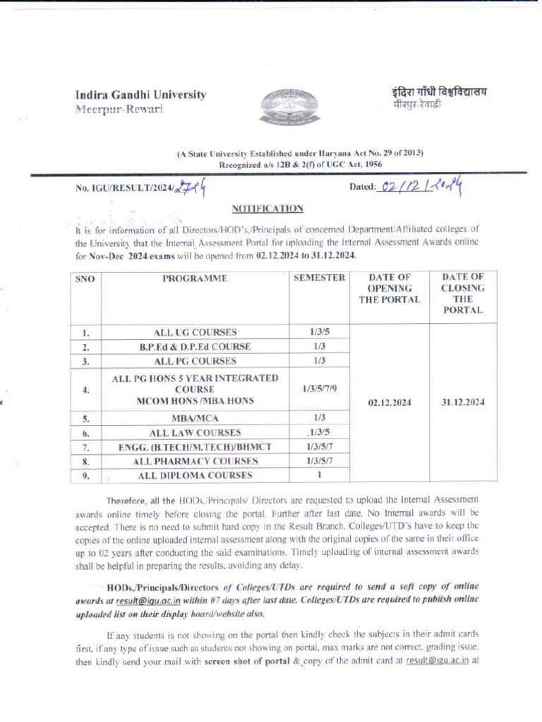 Notifications Regarding Opening of the Internal Assessment Portal for ...