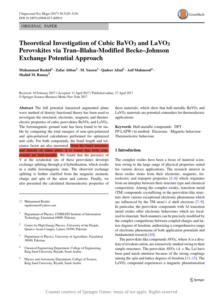 Theoretical Investigation of Cubic BaVO3 and LaVO3 | PDF | Density ...