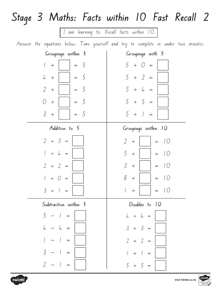 Stage 3 Maths - Facts Within 10 - Fast Recall 2 | PDF | Mathematics