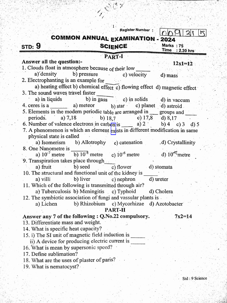 9th Science Annual Exam 2024 Original Question Paper Ariyalur District ...