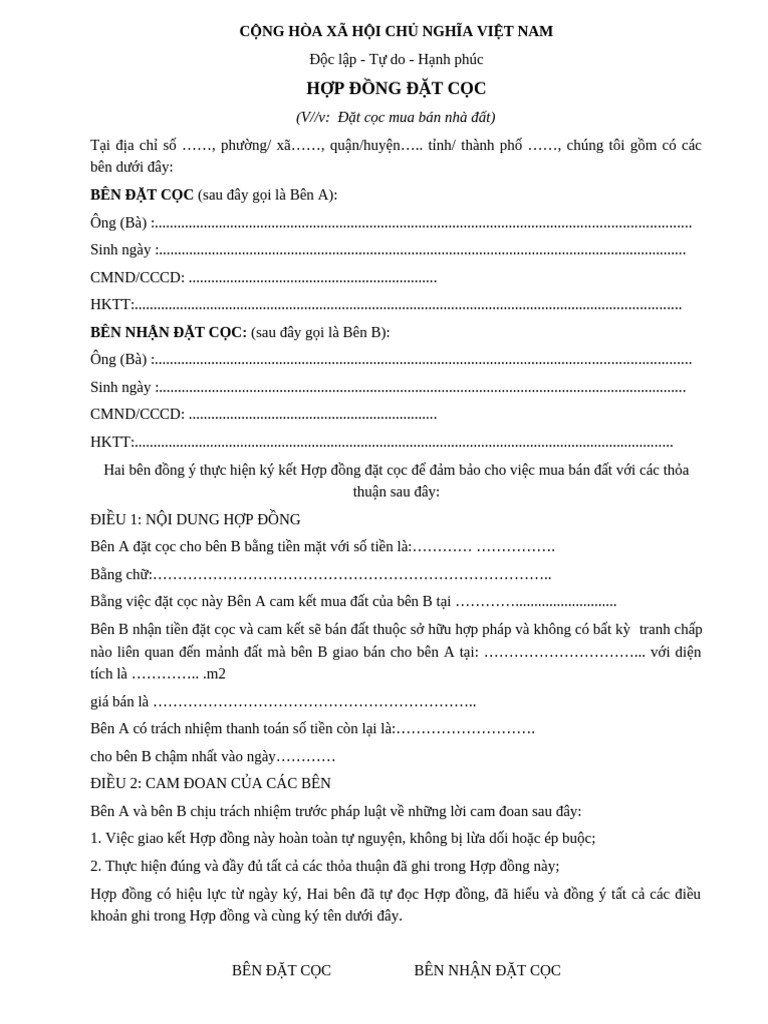 Hop Dong Dat Coc Mua Ban Nha Dat | PDF