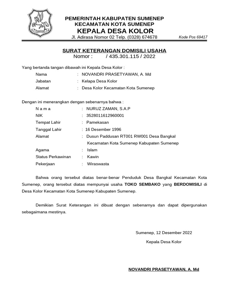 Surat Keterangan Domisili Desa Kolor | PDF