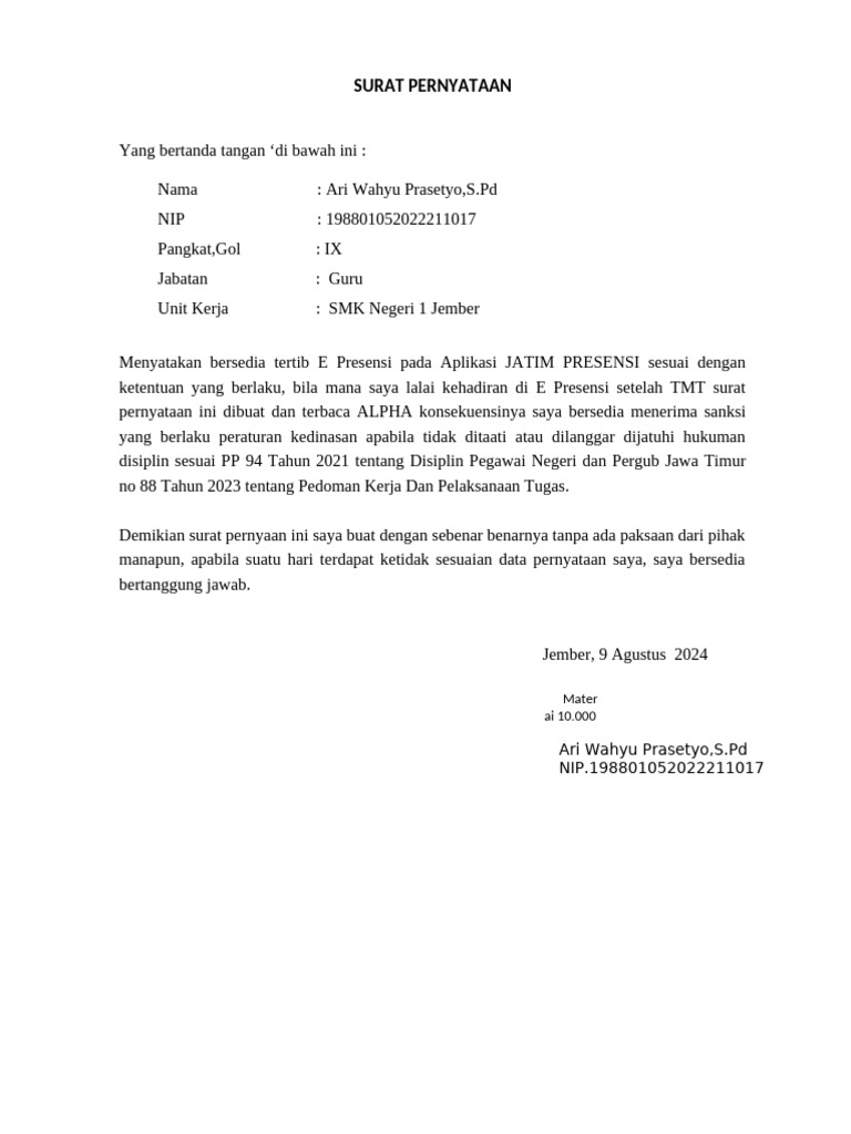 SURAT PERNYATAAN ari Wahyu | PDF
