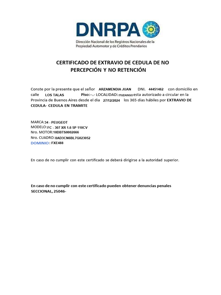 CERTIFICADO EXTRAVIO P | PDF