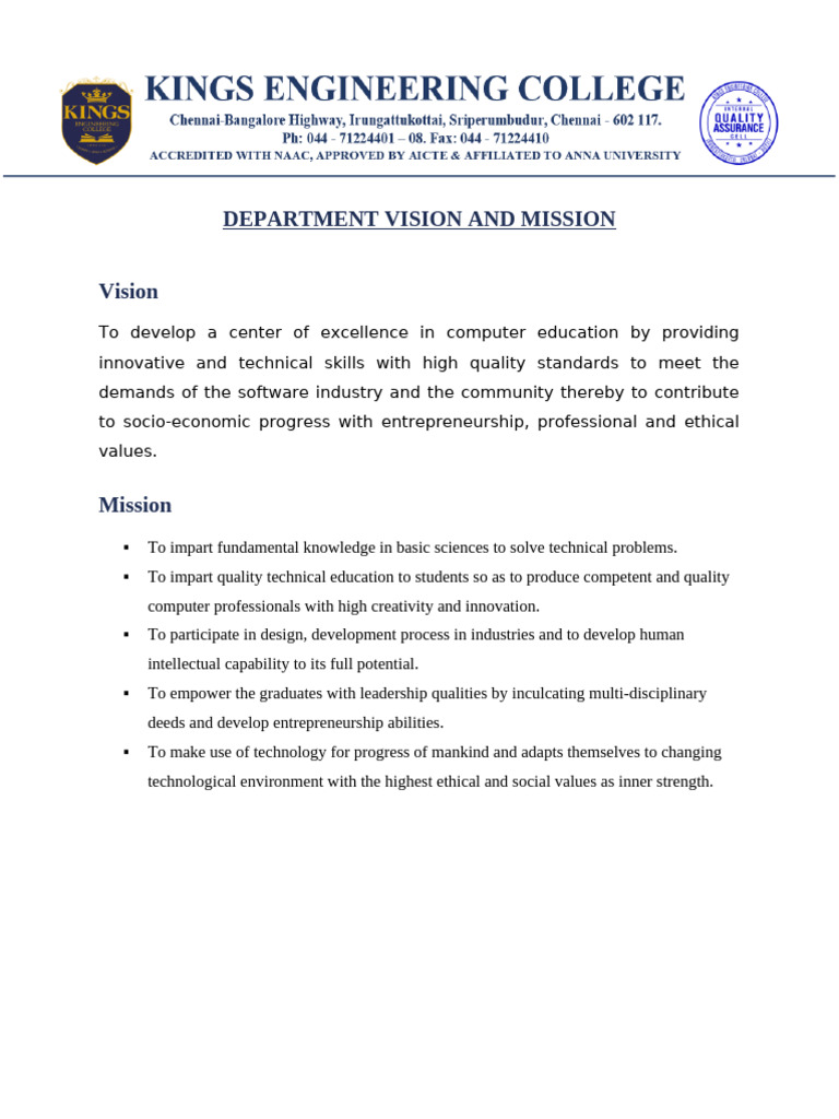Department Vision and Mission | PDF