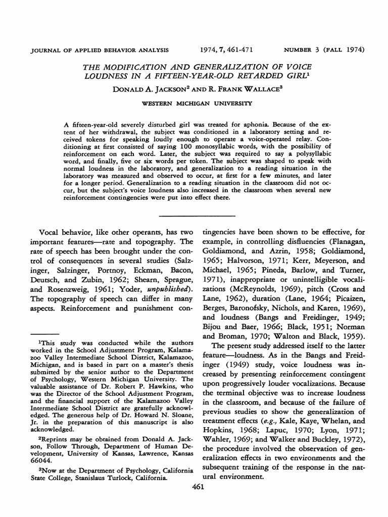 J of App Behav Analysis - Fall 1974 - Jackson - THE MODIFICATION AND GENERALIZATION OF VOICE ...
