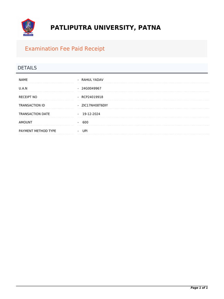 Exam Fee Receipt for Students | PDF