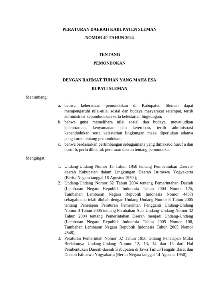 Template Drafting Perda Sleman - N0. 40 Tahun 2024 Tentang Pemondokan | PDF