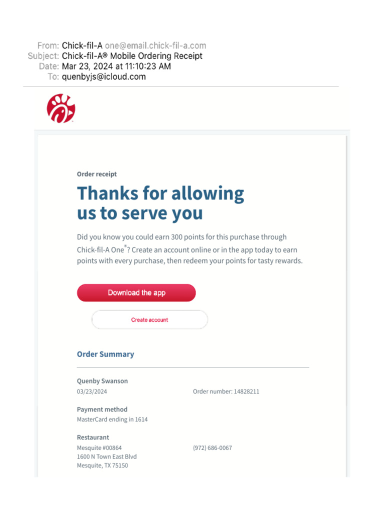 Chick-fil-A® Mobile Ordering Receipt | PDF | Cuisine | Foods