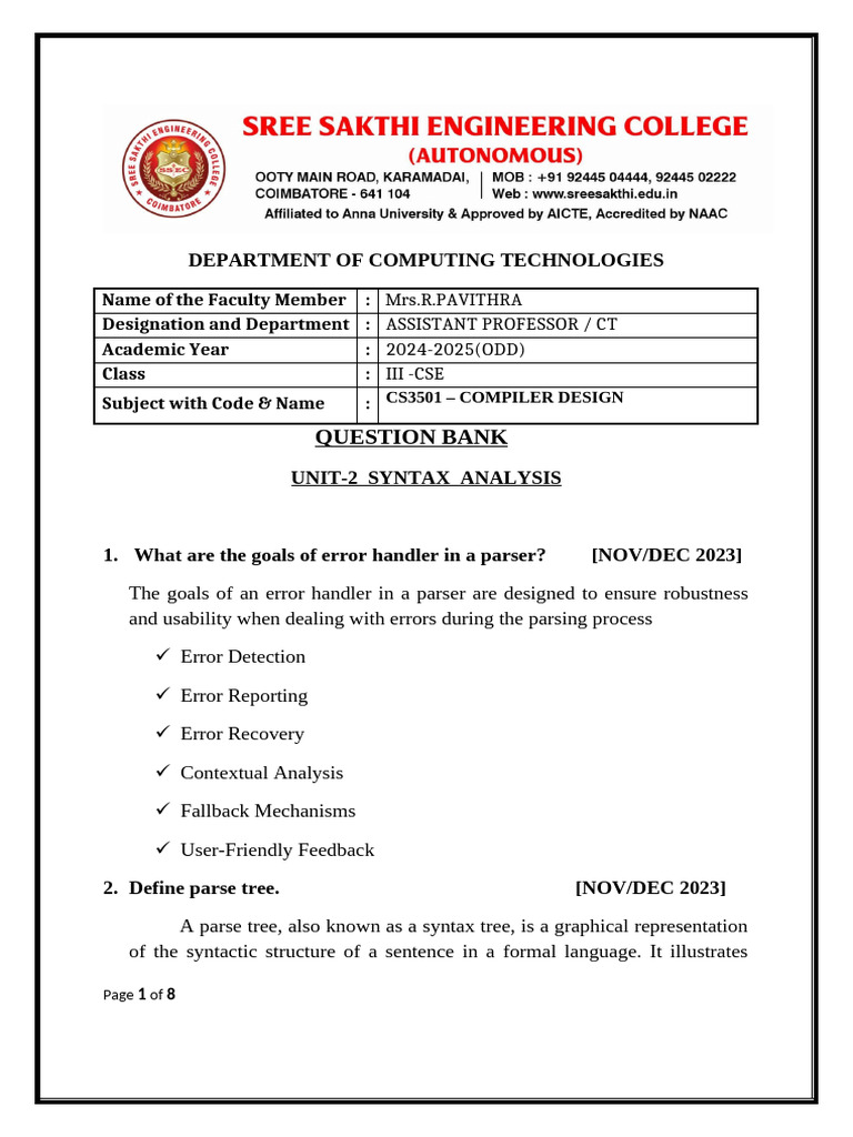 CS3501 CD QB-UNIT 2 | PDF | Parsing | Syntax