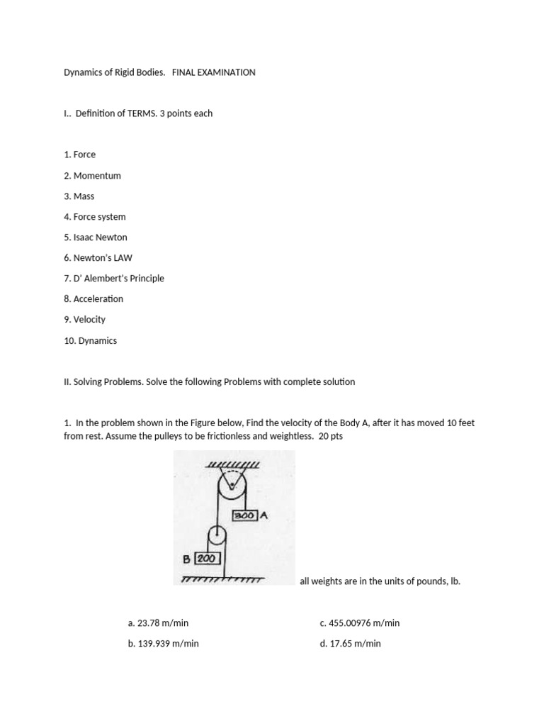 Dynamics of Rigid Bodies. Final Examination. Maty 2022 | PDF