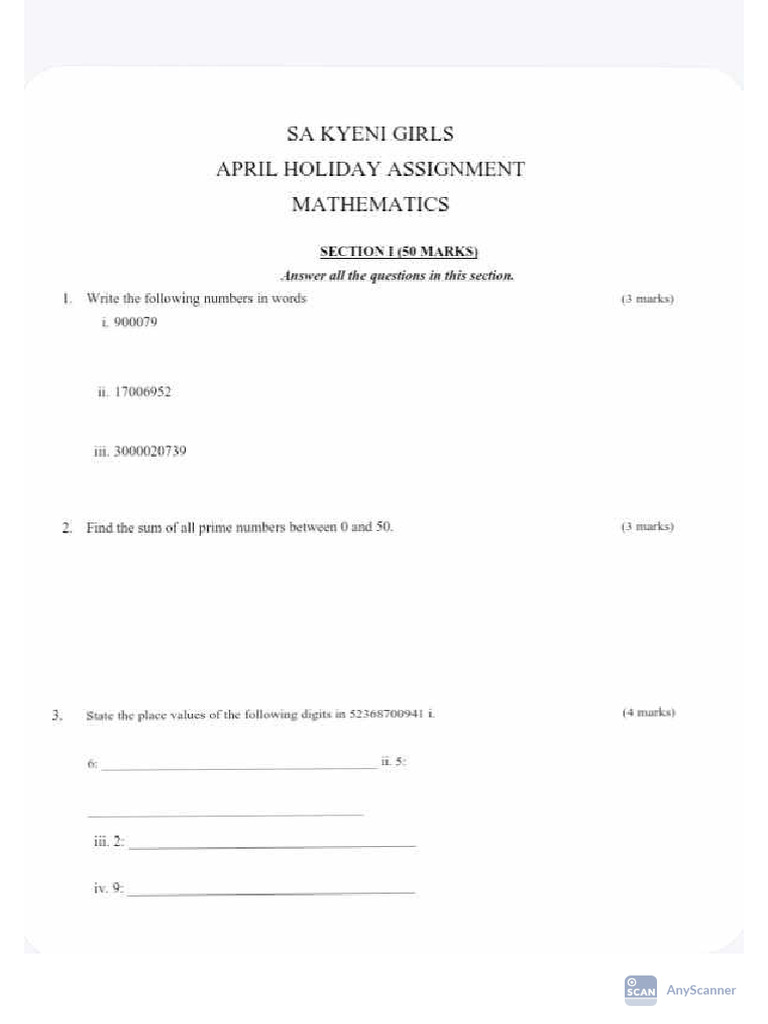 Sa Kyeni Girls Maths Form 1 | PDF