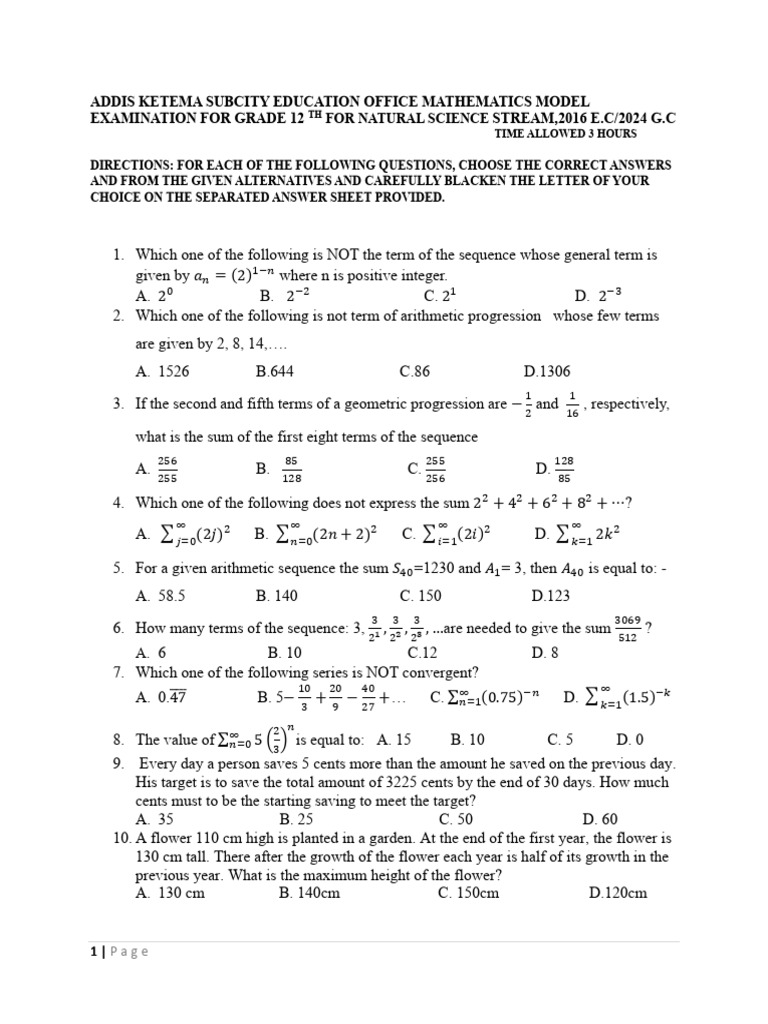 Grade 12 Mathematics Model Exam 2016 | PDF | Mathematics | Mathematical ...