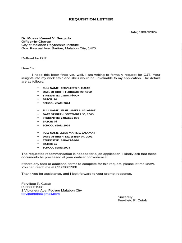 REQUISITION LETTER | PDF