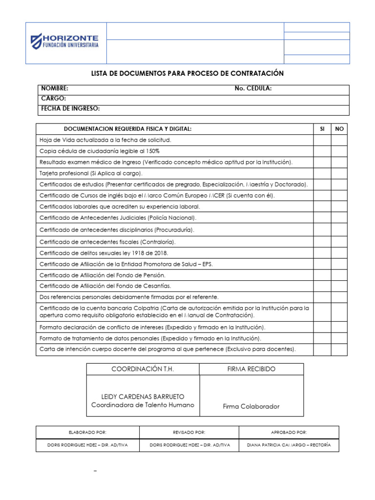 Check List Documentacion de Ingreso | PDF | Documento de identidad