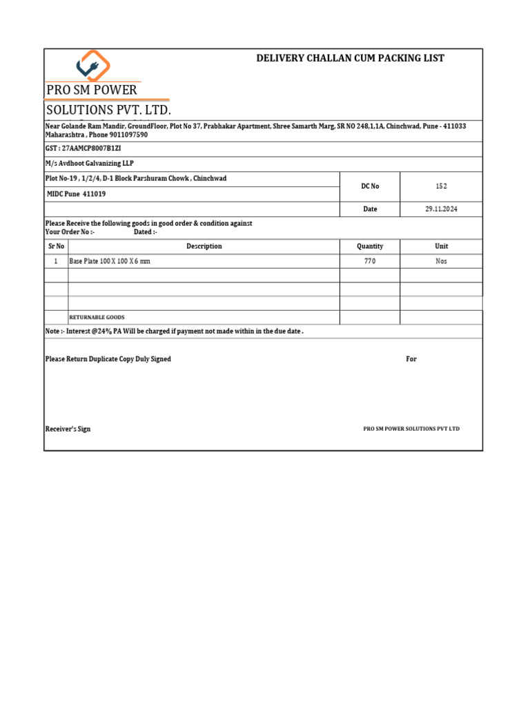 Delivery Challan for DCEM 152 | PDF