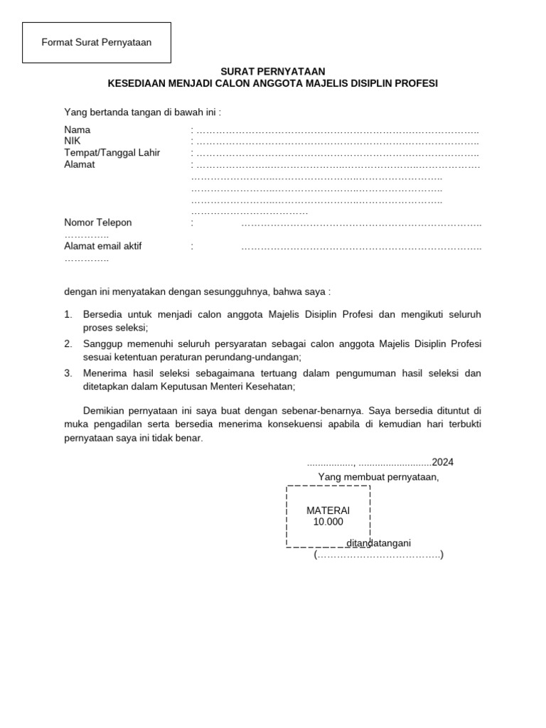 format surat pernyataan kesediaan anggota MDP | PDF
