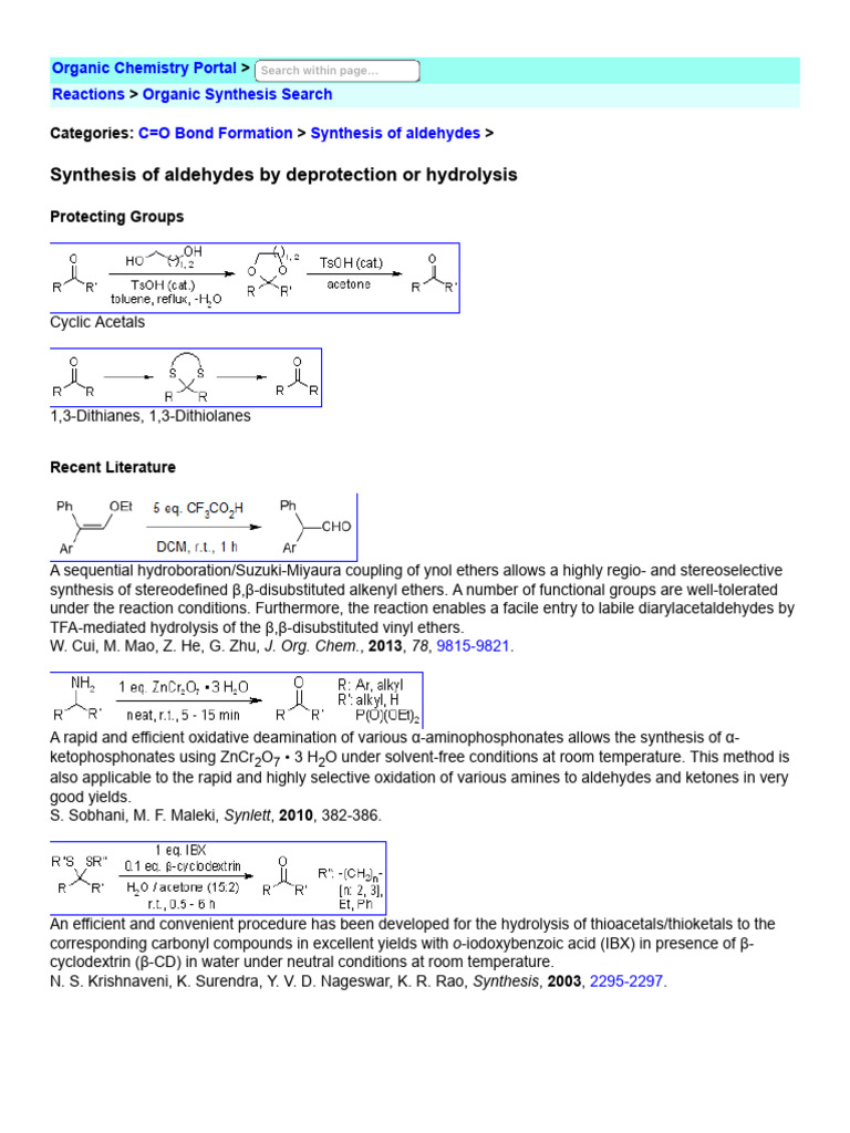 Aldehyde Synthesis by Deprotection or Hydrolysis | PDF | Aldehyde | Chemical Reactions