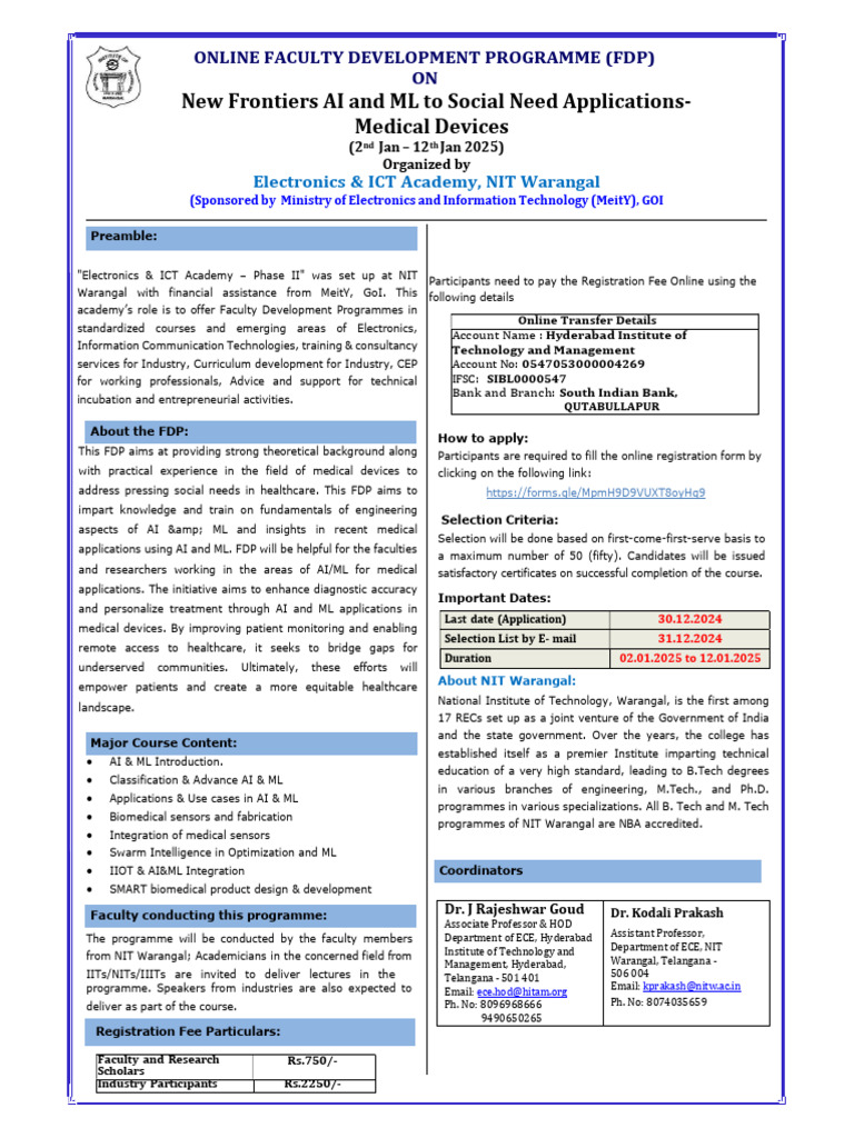 E&ICT FDP AI and ML Brochure | PDF | Health Care