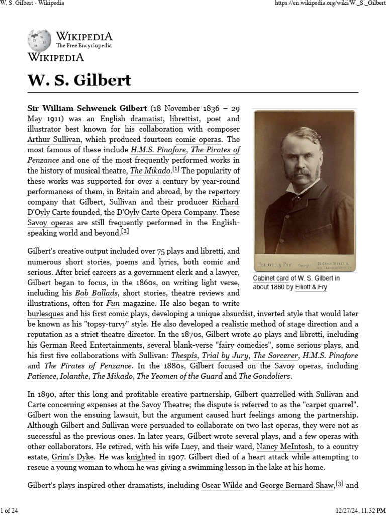W. S. Gilbert - Wikipedia | PDF | W. S. Gilbert | Gilbert And Sullivan