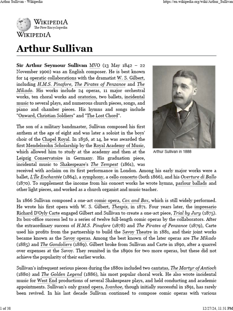Arthur Sullivan - Wikipedia | PDF | Arthur Sullivan | Gilbert And Sullivan