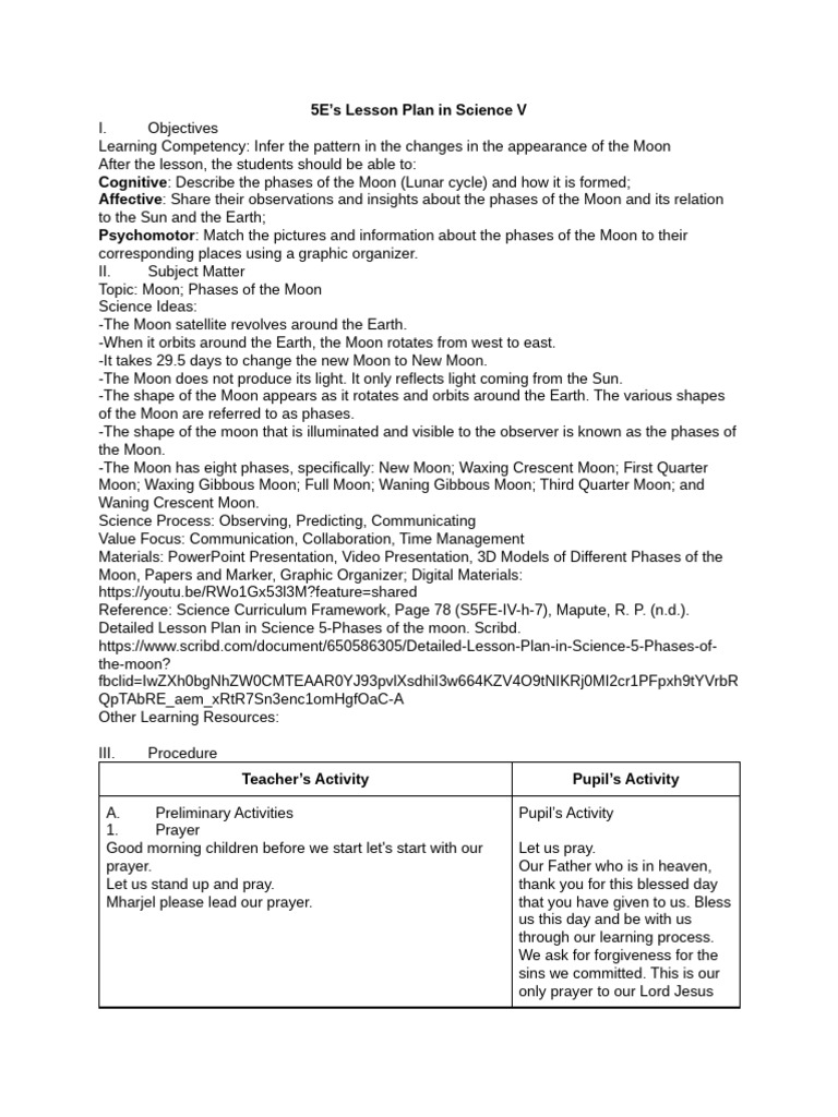 5es Lesson Plan in Phases of The Moon | PDF | Moon | Astronomy