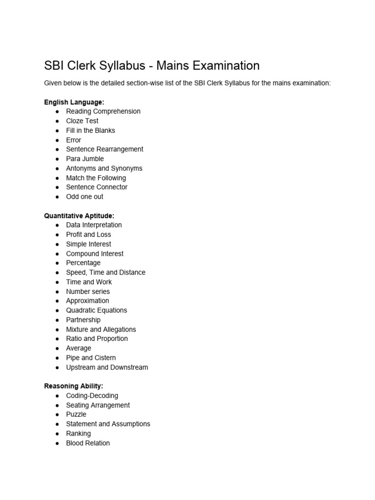 SBI Clerk Syllabus Mains Examination | PDF
