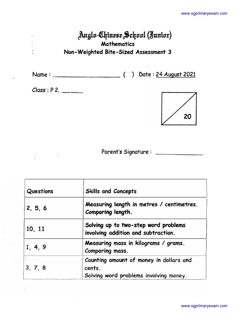 2021 P2 Maths Bite Sized Assessment 3 ACSJ | PDF | International System ...