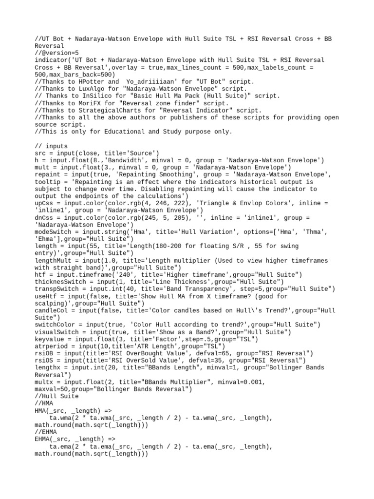 UT Bot + Nadaraya Watson Envelope With Hull Suite TSL + RSI Reversal | PDF
