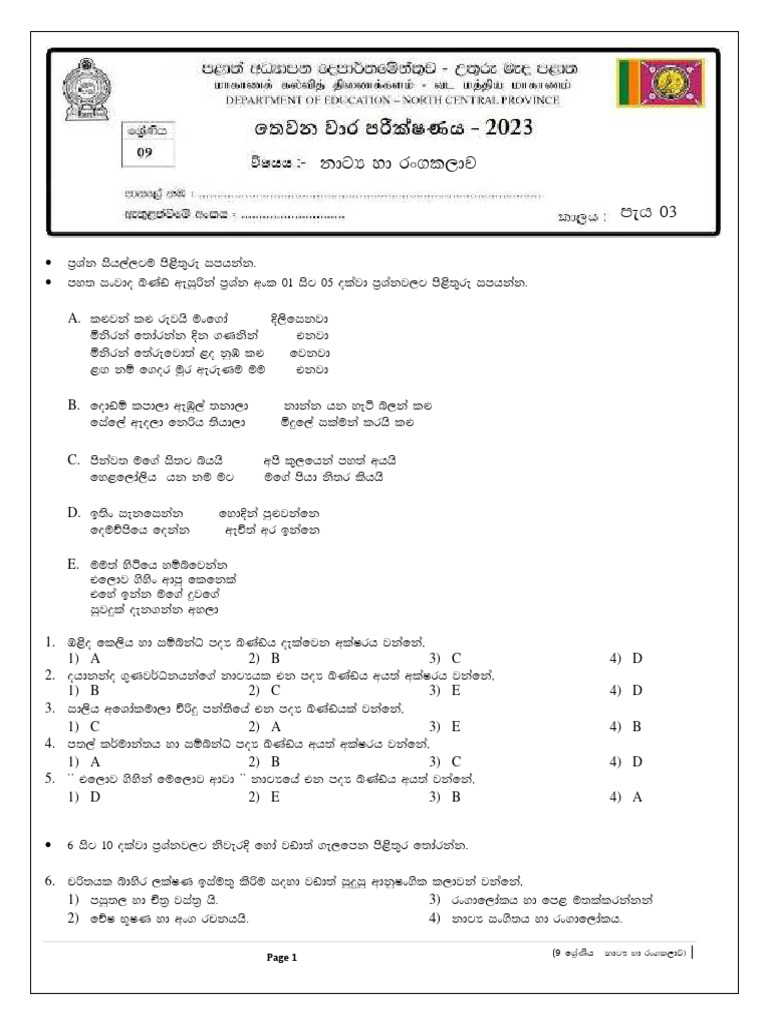 North Central Province Grade 9 Drama Theatre 2023 3rd Term Test Paper ...