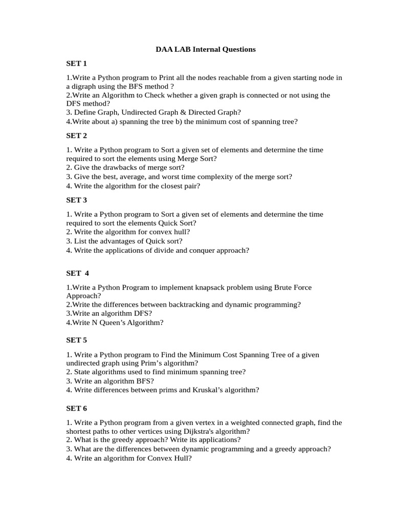 DAA LAB Internal Questions_2024 | PDF | Dynamic Programming | Algorithms