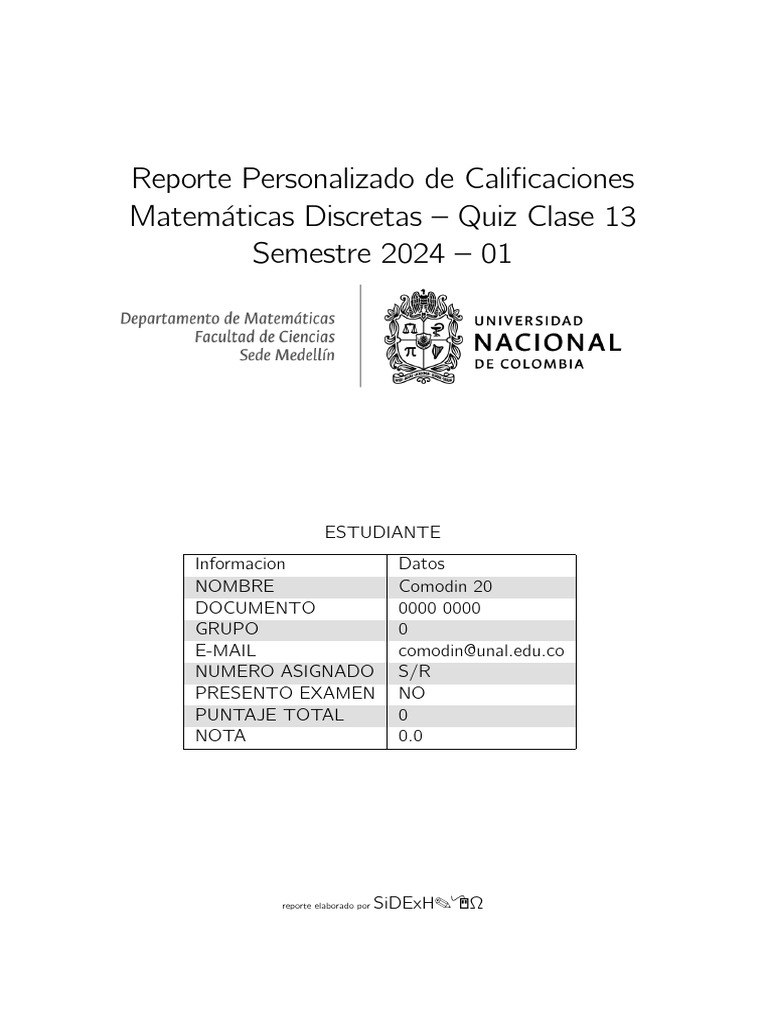 Reporte de Calificaciones Quiz Matemáticas | PDF