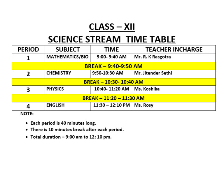 Class Xii Science Time Table | PDF