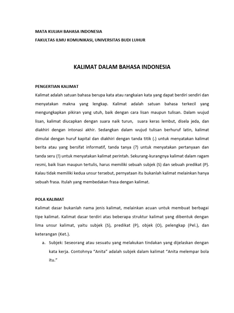 Struktur dan Tipe Kalimat Bahasa Indonesia | PDF