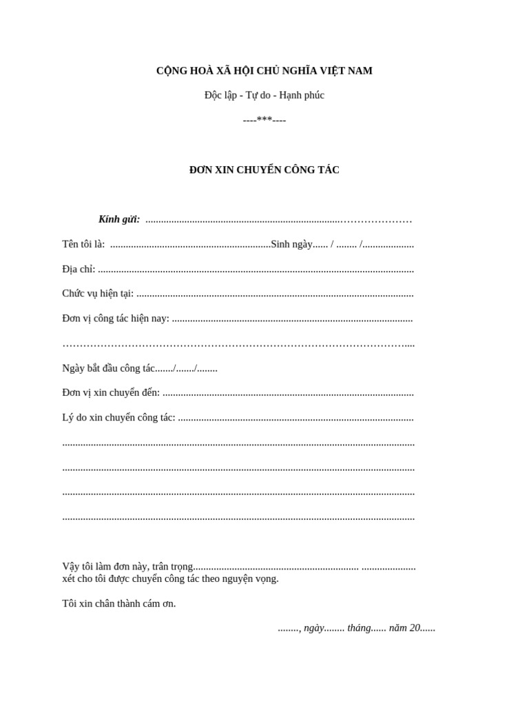 Mau Don Xin Chuyen Cong Tac | PDF