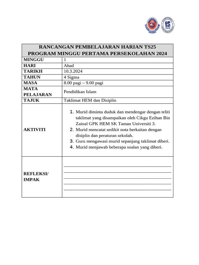 RPH Minggu Pertama Persekolahan 2024 | PDF